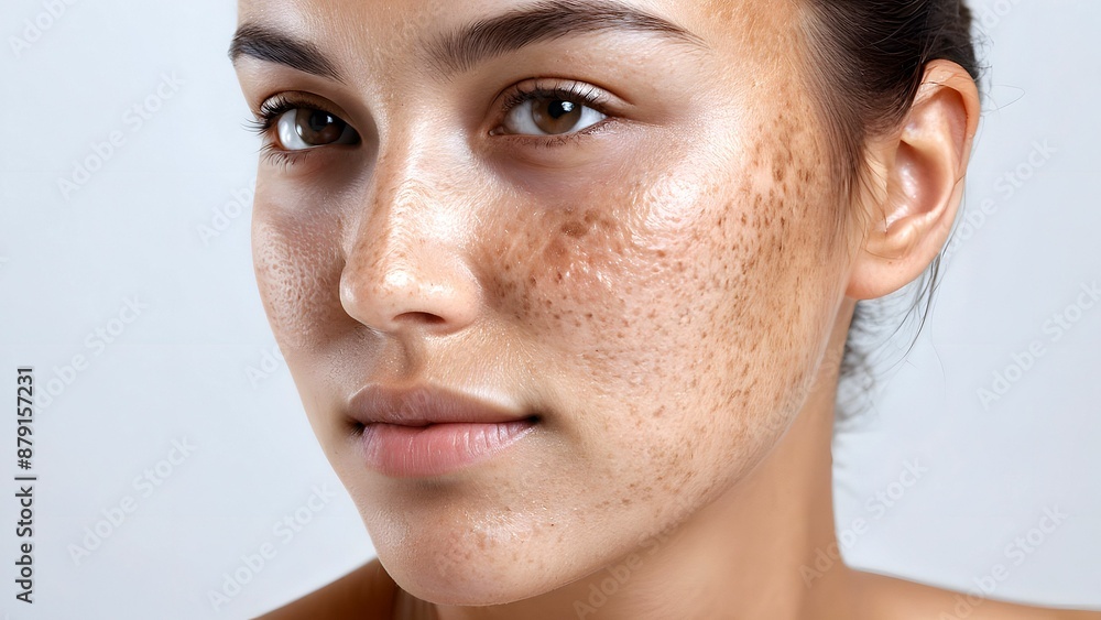 Close-up attractive young woman face with pigmentation skin, melasma ...