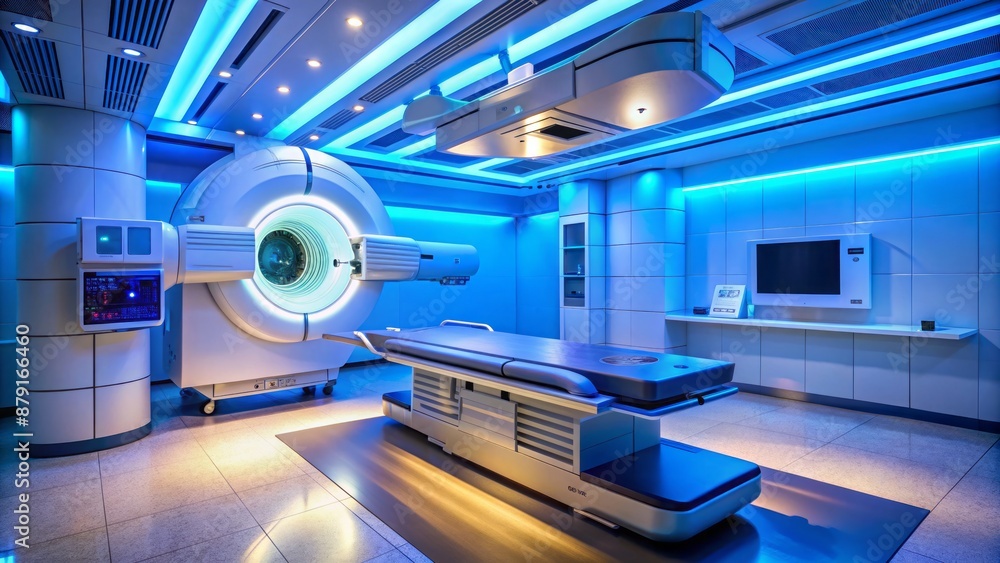 Modern linear accelerator machine in a sleek radiation therapy room ...