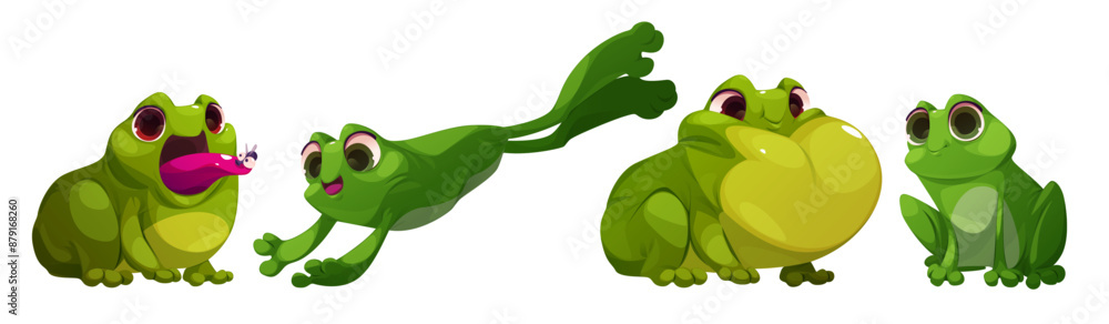 Cute green frog cartoon character in different poses. Vector ...