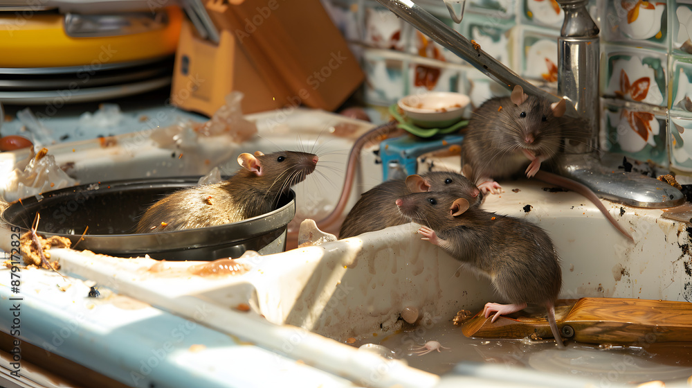 A group of rats scampering across a kitchen counter, nibbling on crumbs ...