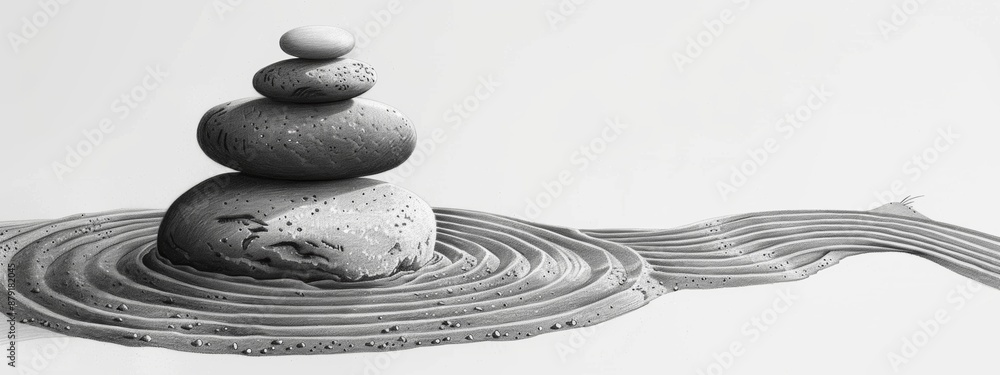 Simple pencil drawing of Japanese zen garden with rocks and raked sand ...