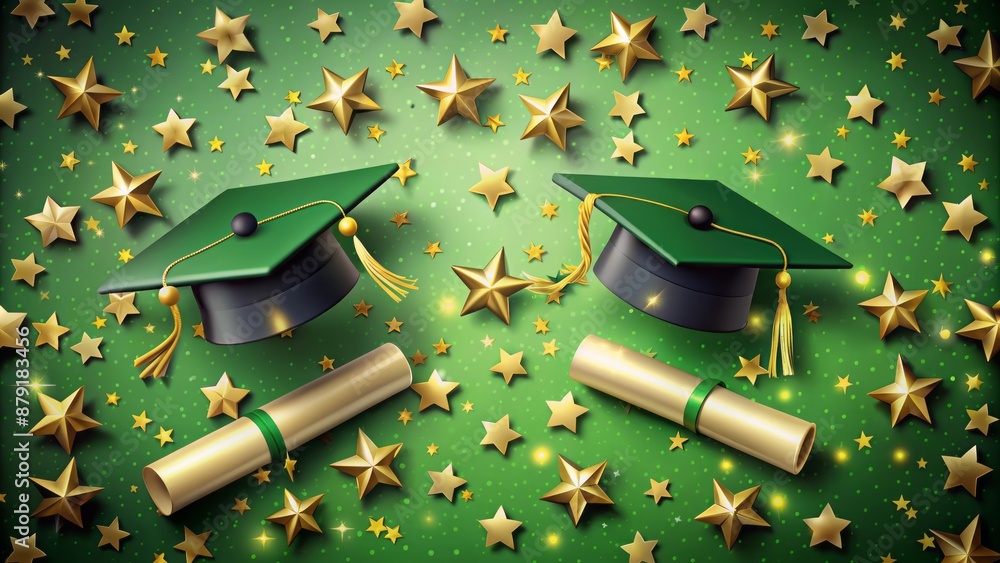 Vibrant green background scattered with gold stars, adorned with ...