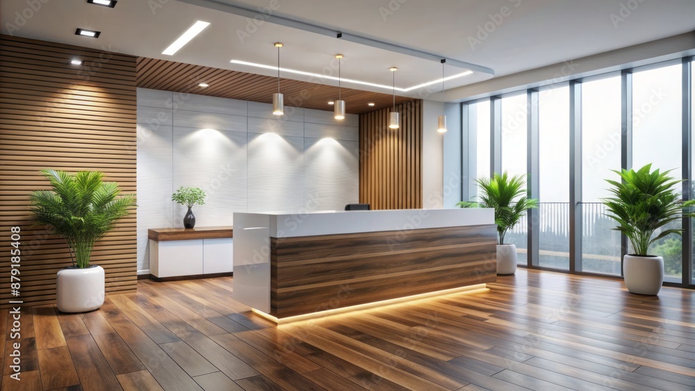 Empty modern reception area with sleek white wall, polished wooden ...