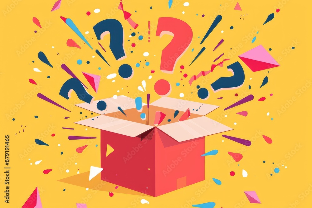 fun mystery box with question marks and exclamation marks flying out of ...