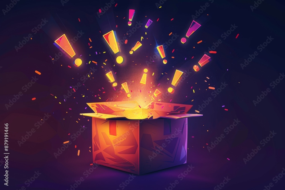 fun mystery box with question marks and exclamation marks flying out of ...