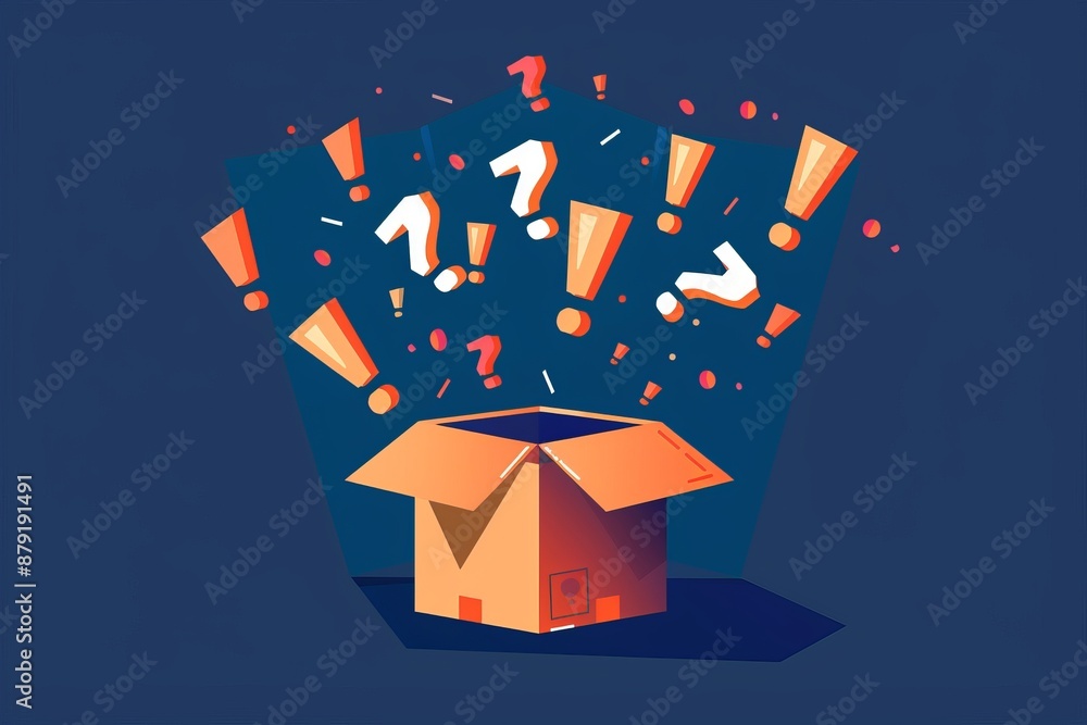 fun mystery box with question marks and exclamation marks flying out of ...