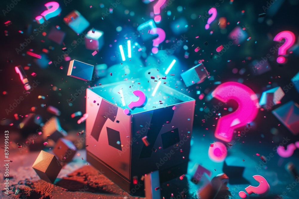 fun mystery box with question marks and exclamation marks flying out of ...