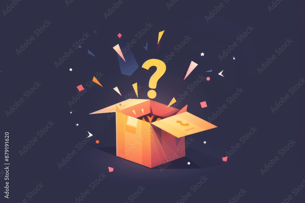 fun mystery box with question marks and exclamation marks flying out of ...