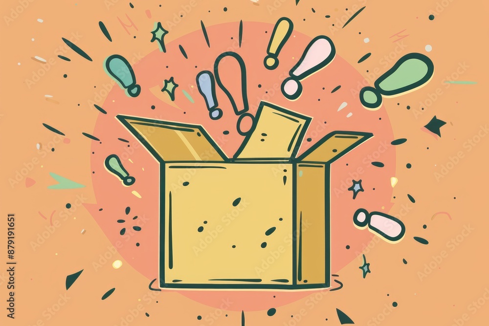 fun mystery box with question marks and exclamation marks flying out of ...