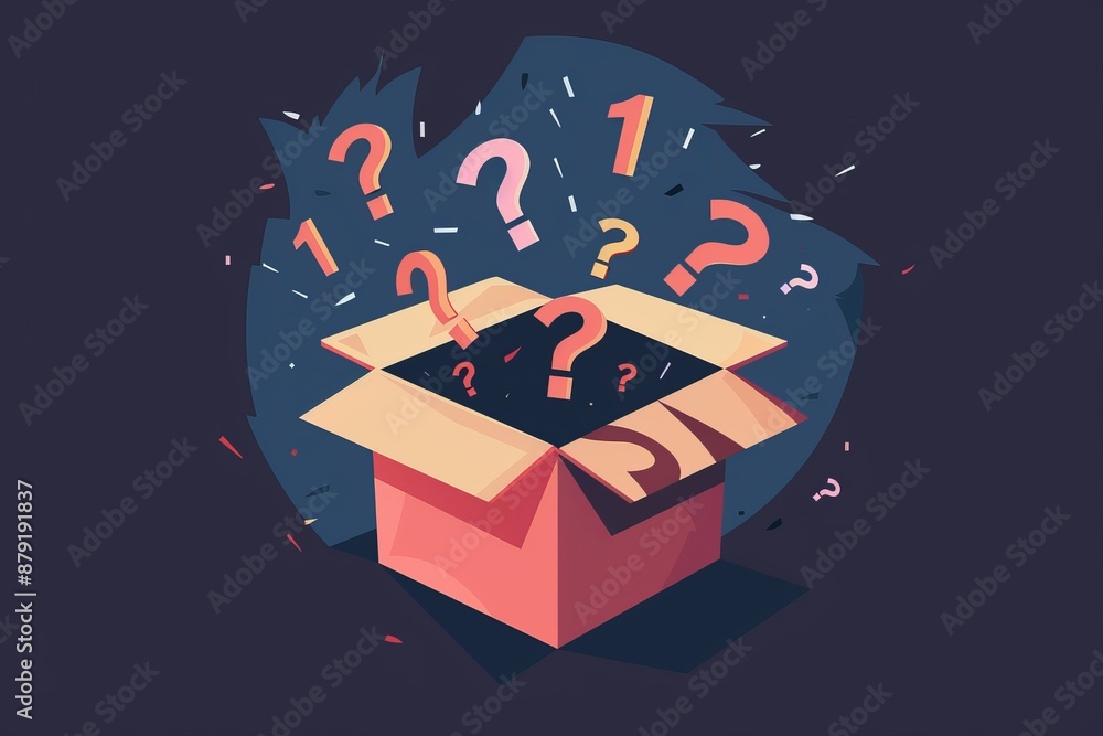 fun mystery box with question marks and exclamation marks flying out of ...