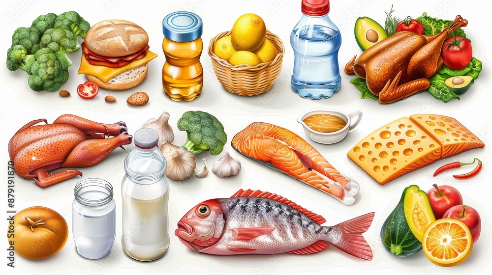 Set of Main food groups ,macronutrients, Carbohydrates, fats, proteins ...