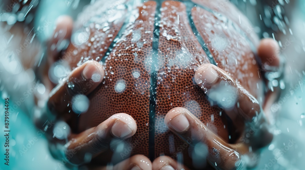 Wet hands are seen grasping a basketball amid what appears to be ...