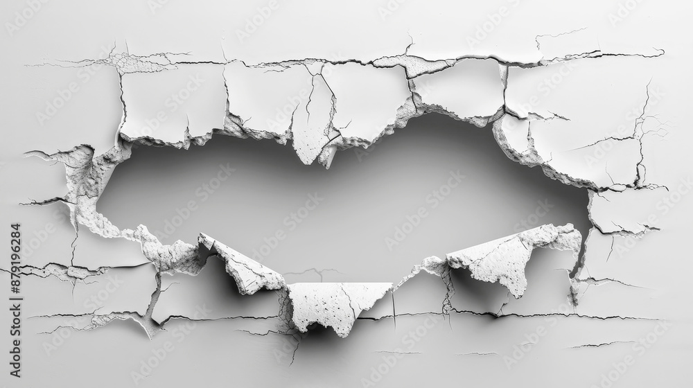 Hole breaking through white wall with cracked edges, creating a cut-out ...