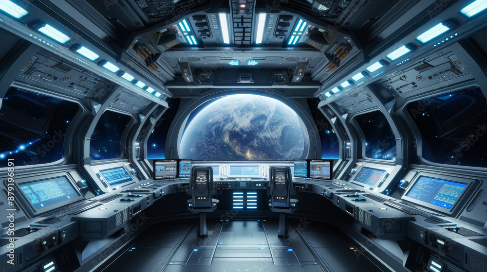 Futuristic starship command center overlooking a distant Earth Stock ...