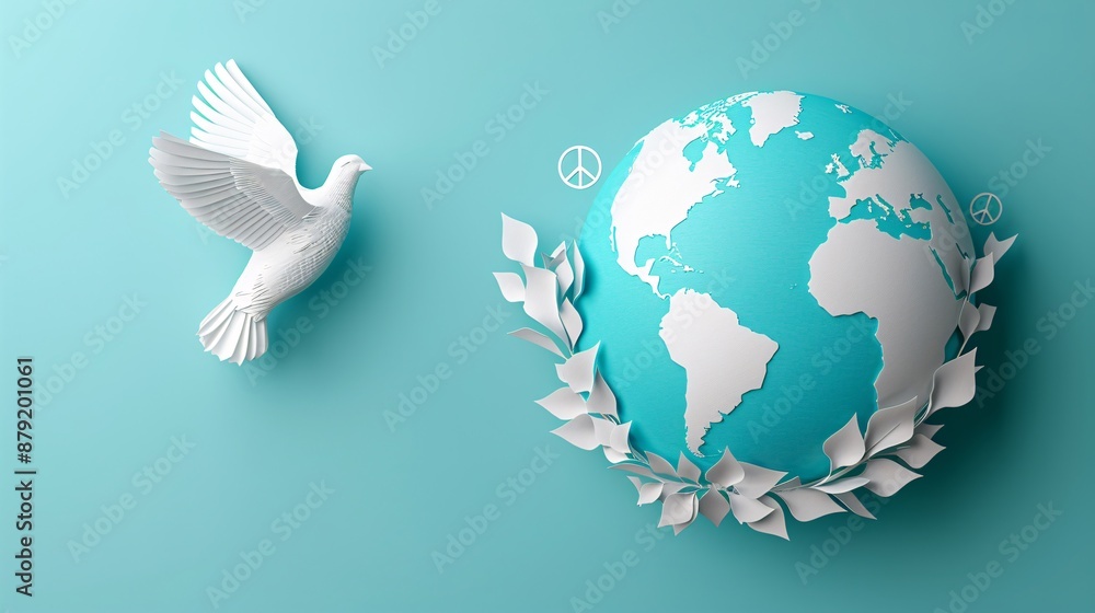 2D paper crafts art depicting a white dove flying over a globe with ...