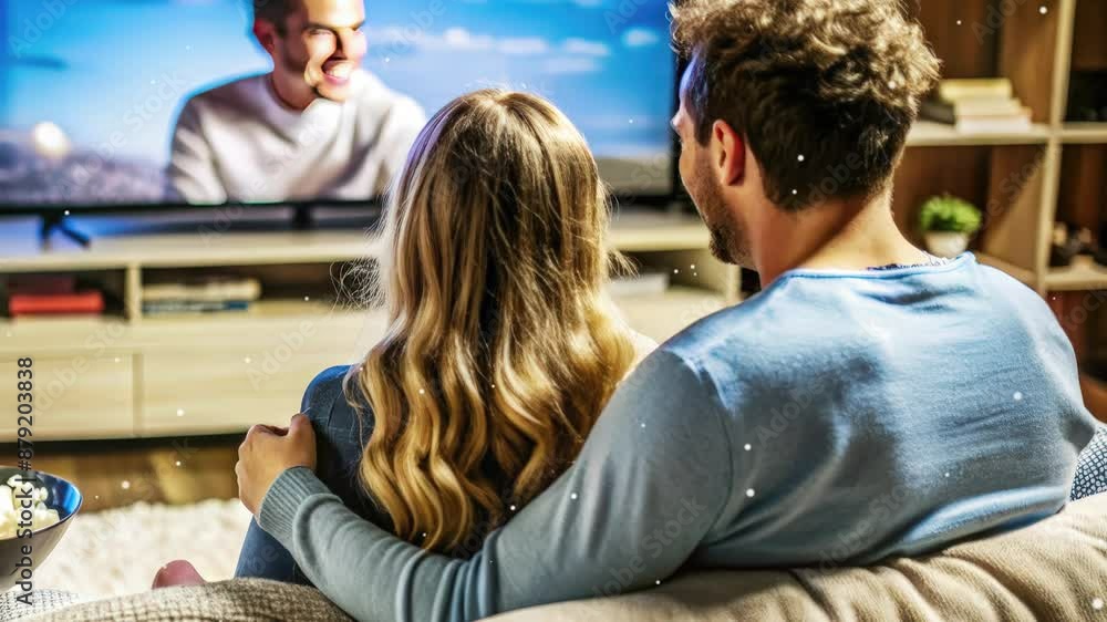 Romantic couple watch TV together at home. A perfect depiction of a ...