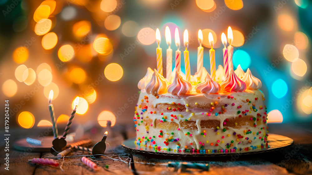 Birthday cake with burning candles on bokeh background, closeup ...