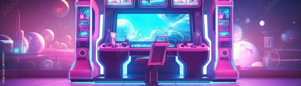 Retro arcade machine with a holographic screen in a futuristic game ...