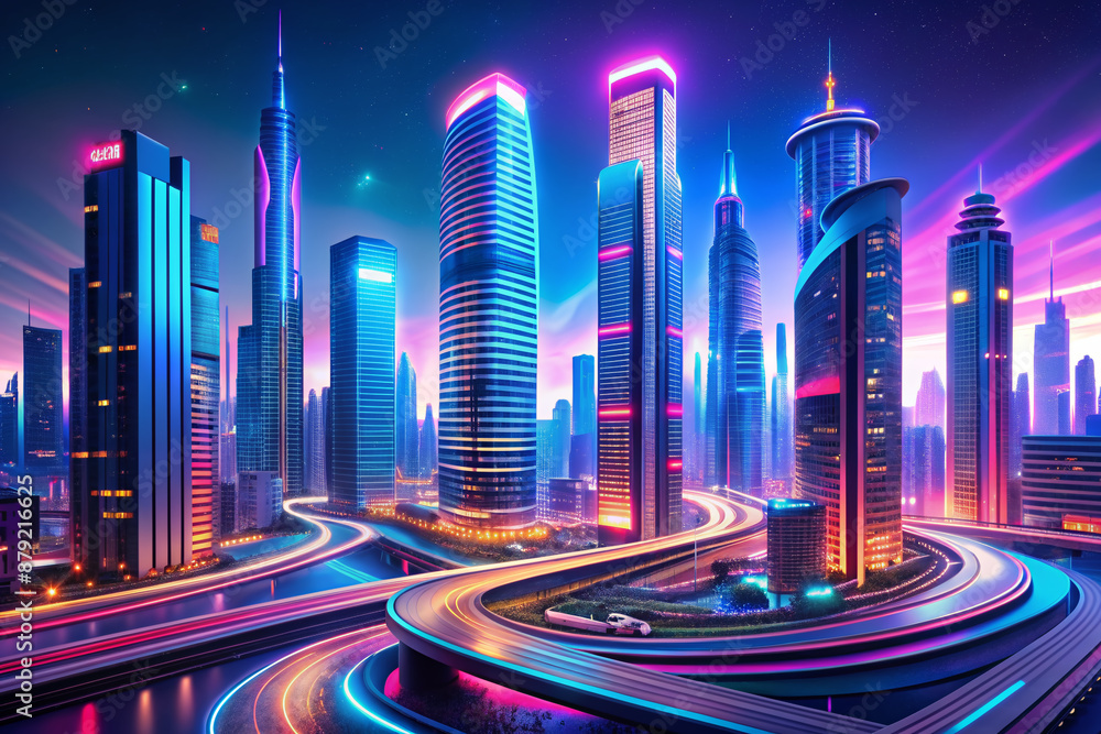 Stylized illustration of futuristic cityscape with sleek skyscrapers ...