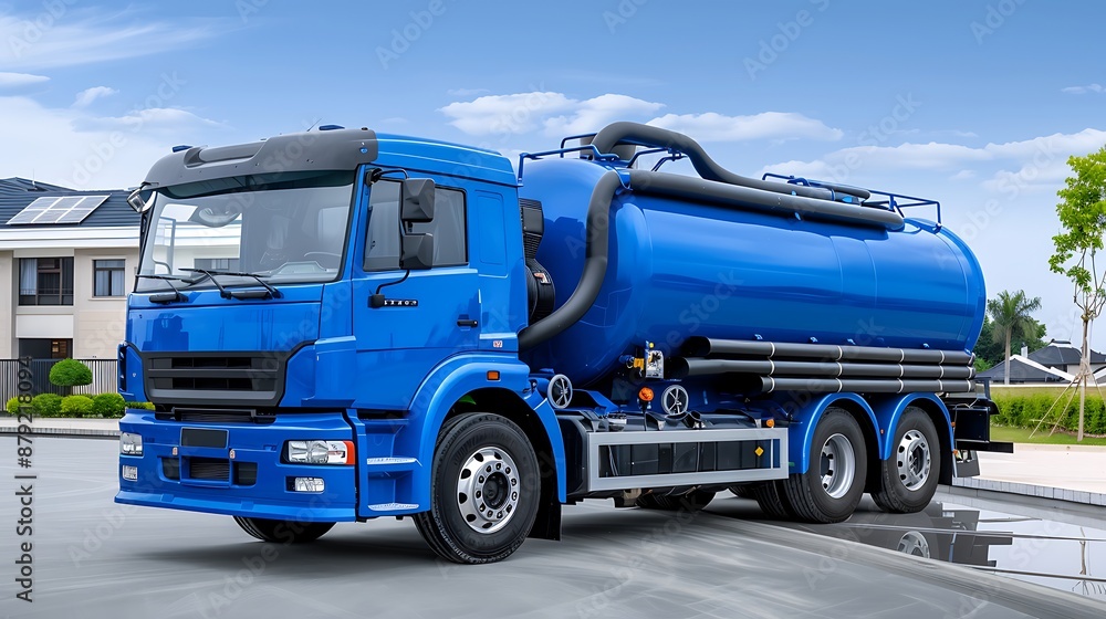 Blue septic tank truck on the road with water pipe, close-up photo of ...
