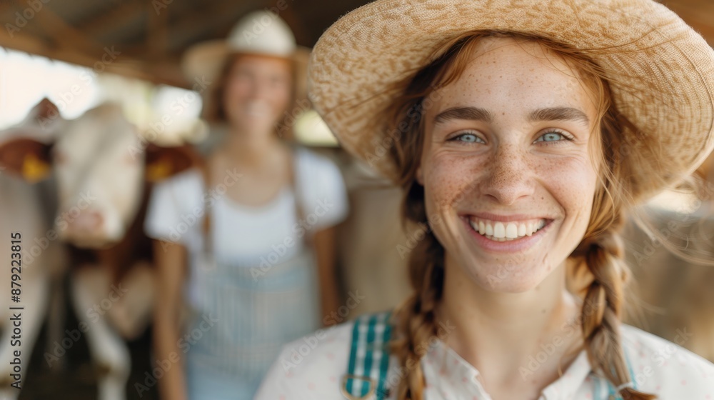A young woman with freckles and braided hair wearing a straw hat smiles ...