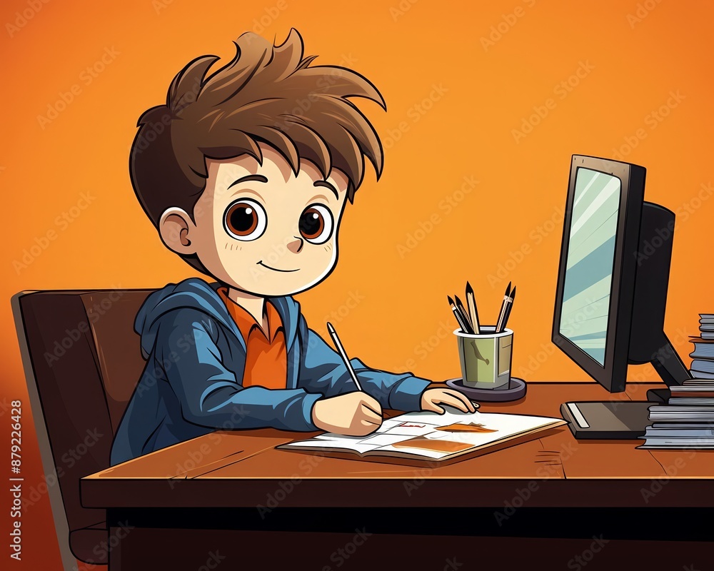 Cartoon child at desk flat design side view studious theme animation ...