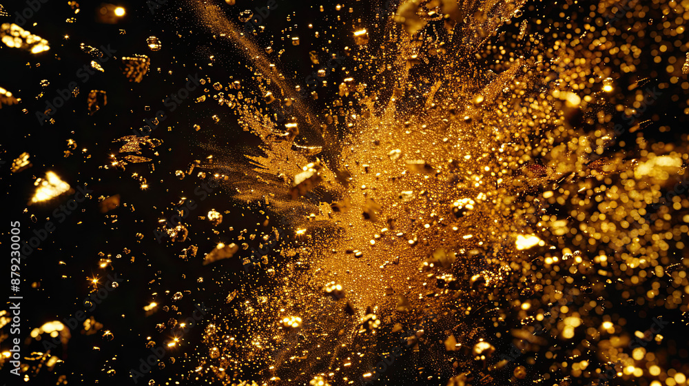 Explosion of Gold Particles Isolated on Black Background: Dynamic Burst ...