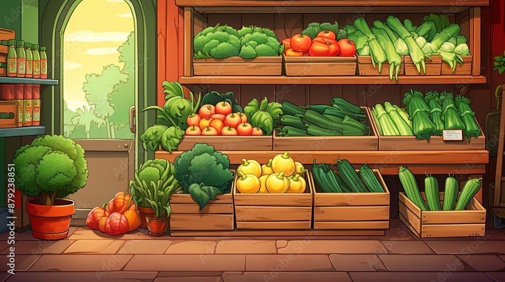 Cartoon produce shop flat design front view healthy theme cartoon ...