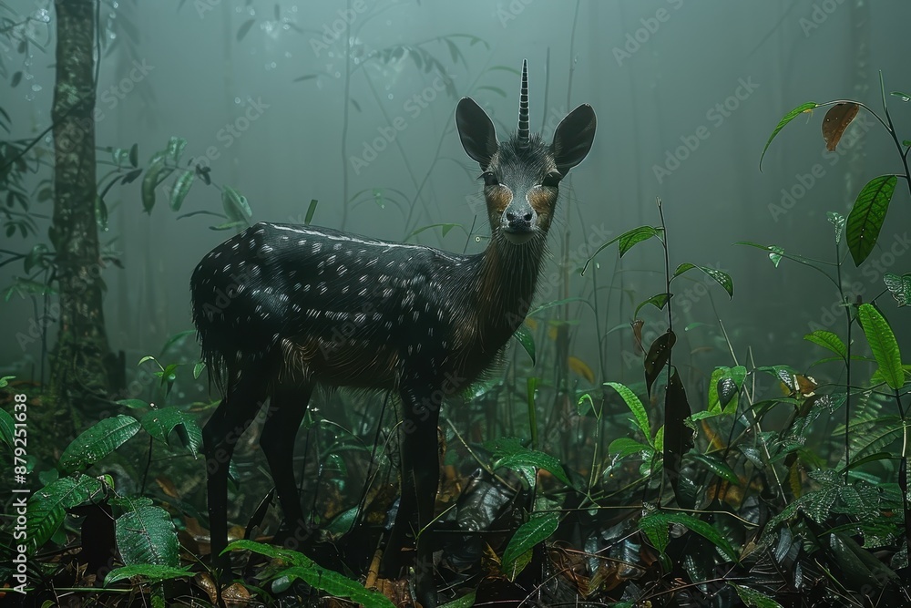 A saola (Asian unicorn) standing in a misty rainforest, its long ...