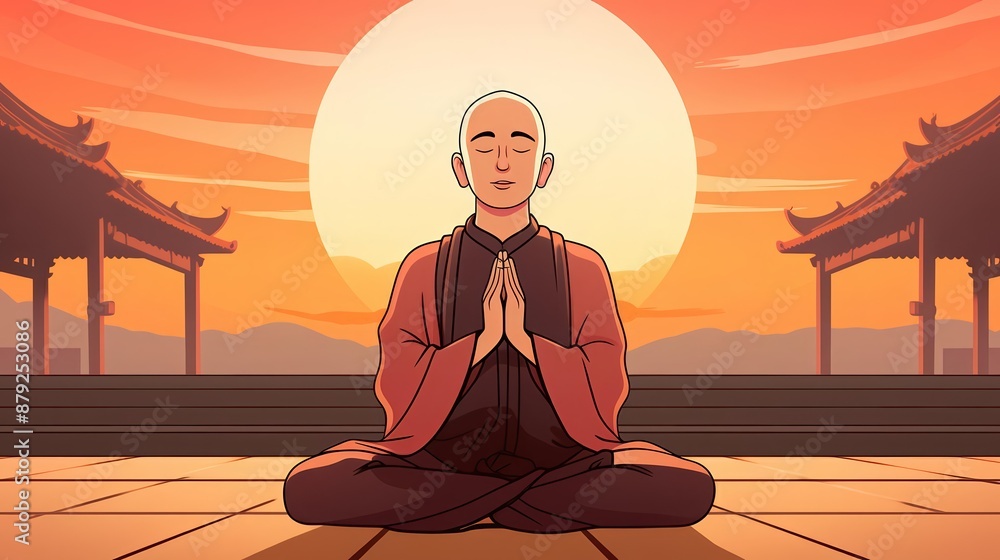 Cartoon person praying at temple flat design front view peaceful theme ...