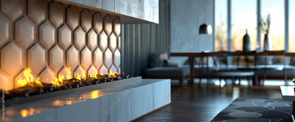 3D render of a fireplace lined with hexagonal tiles in the interior ...