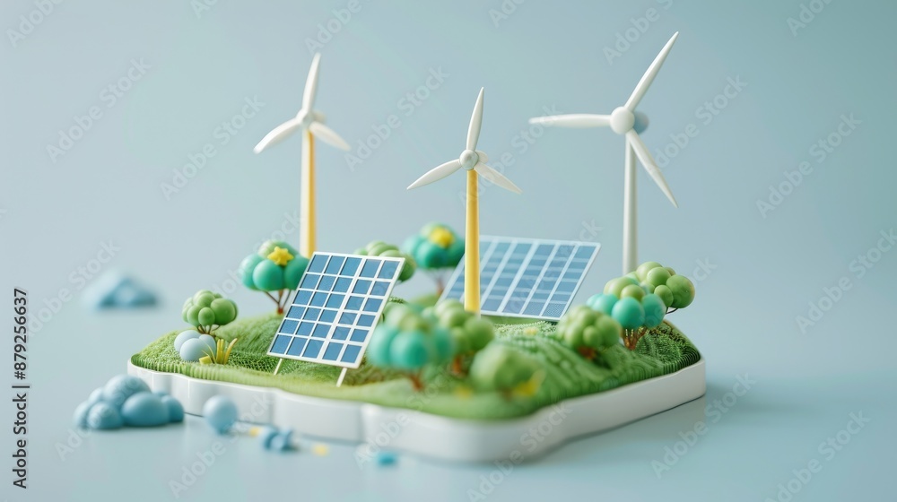 3d render icons model of a wind farm with three wind turbines and a ...