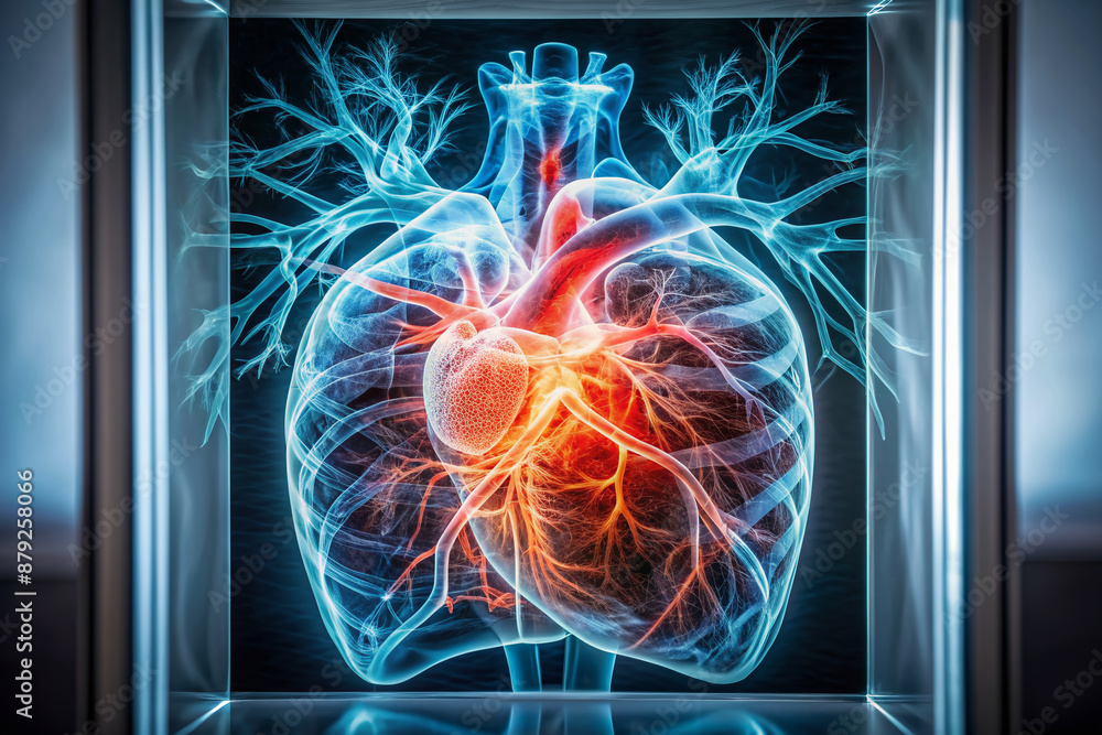 A detailed x-ray image of a human heart on a lightbox, revealing ...