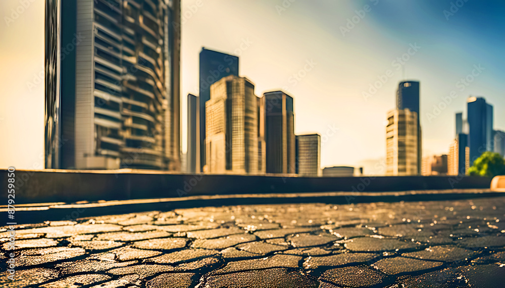 Empty city street with cracked hot asphalt and city skyline at sunset ...