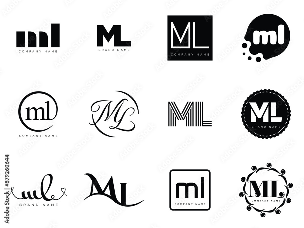 ML logo company template. Letter m and l logotype. Set different ...