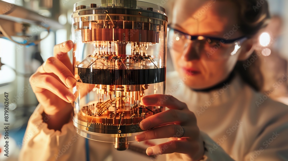 A closeup of a quantum processor held by a researcher in a quantum lab ...