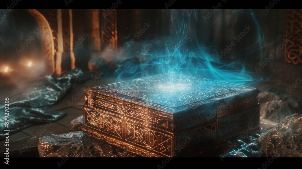 Design a scene with a mysterious, ancient box covered in runes and ...