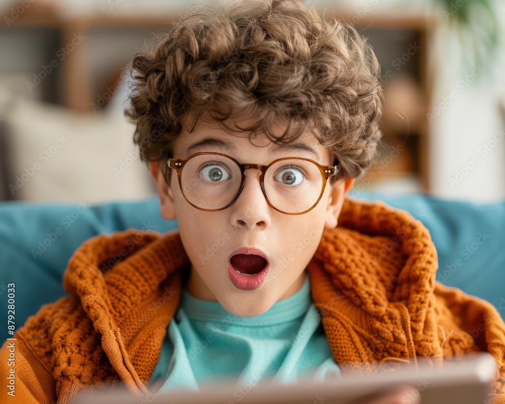 Astonished Young Boy Staring at Digital Screen with Open Mouth ...