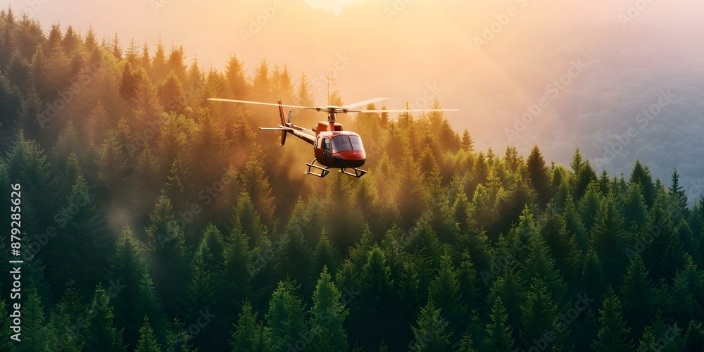 Helicopter conducting search in forest for missing person assisting in ...