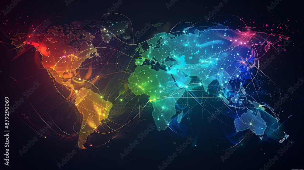 The intensely colorful world map shows all the continents connected by ...