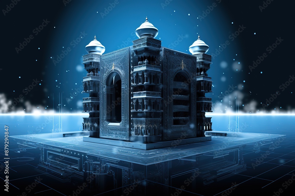 Painting. Drawing of the Kaaba prayer in Mecca, back view. Holy place ...
