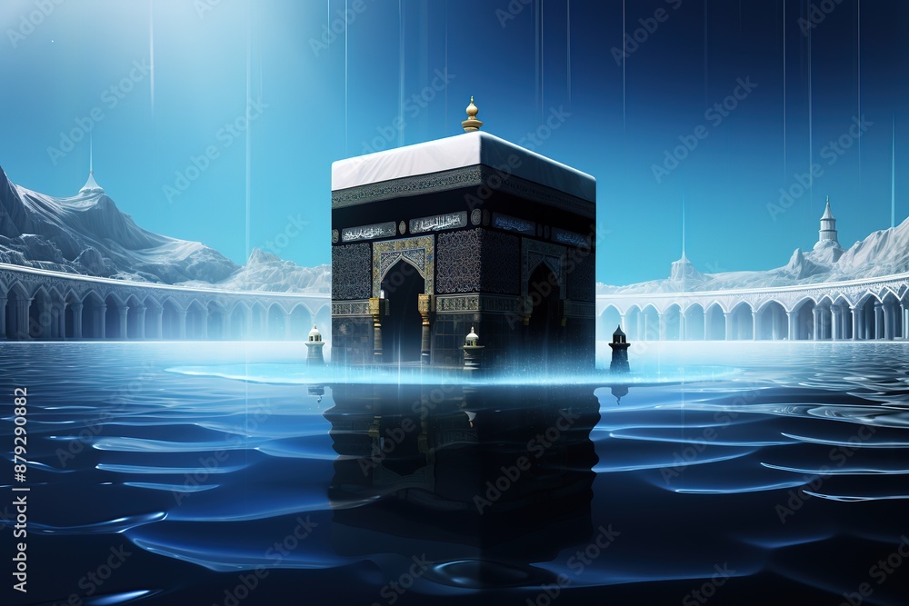 Painting. Drawing of the Kaaba prayer in Mecca, back view. Holy place ...