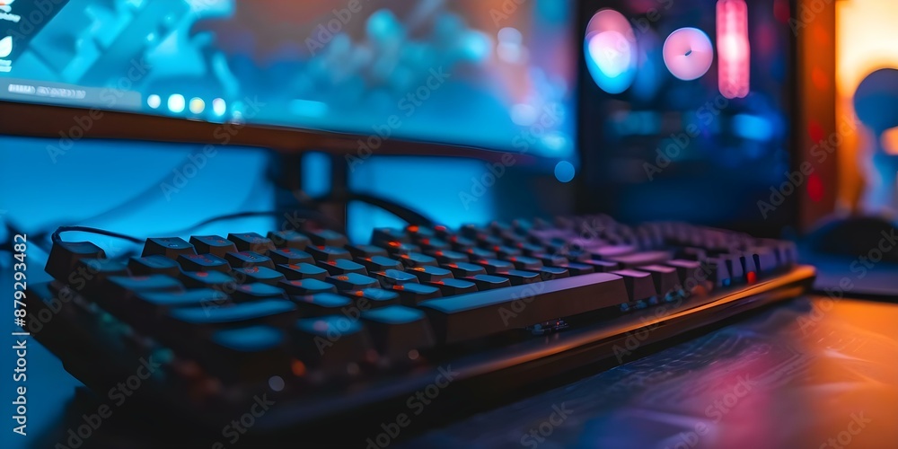 Closeup of computer setup with mechanical keyboard dual monitors RGB ...