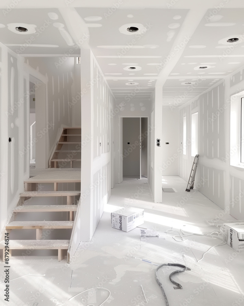 Working process of installing metal frames and plasterboard drywall for ...