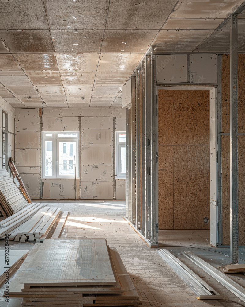 Working process of installing metal frames and plasterboard drywall for ...