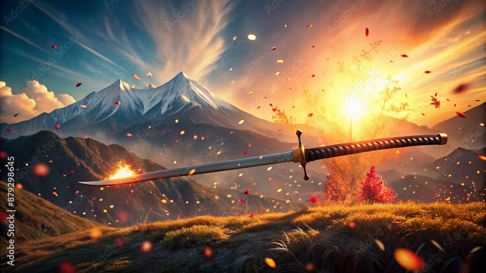 Majestic katana sword stands solo against breathtaking 4K backdrop of ...