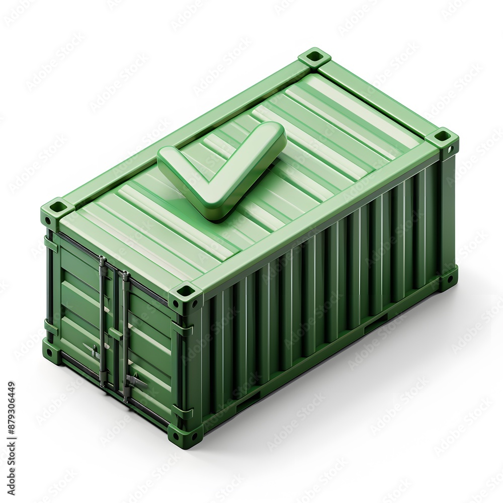 Green cargo container with a check mark symbol on top, isolated on ...
