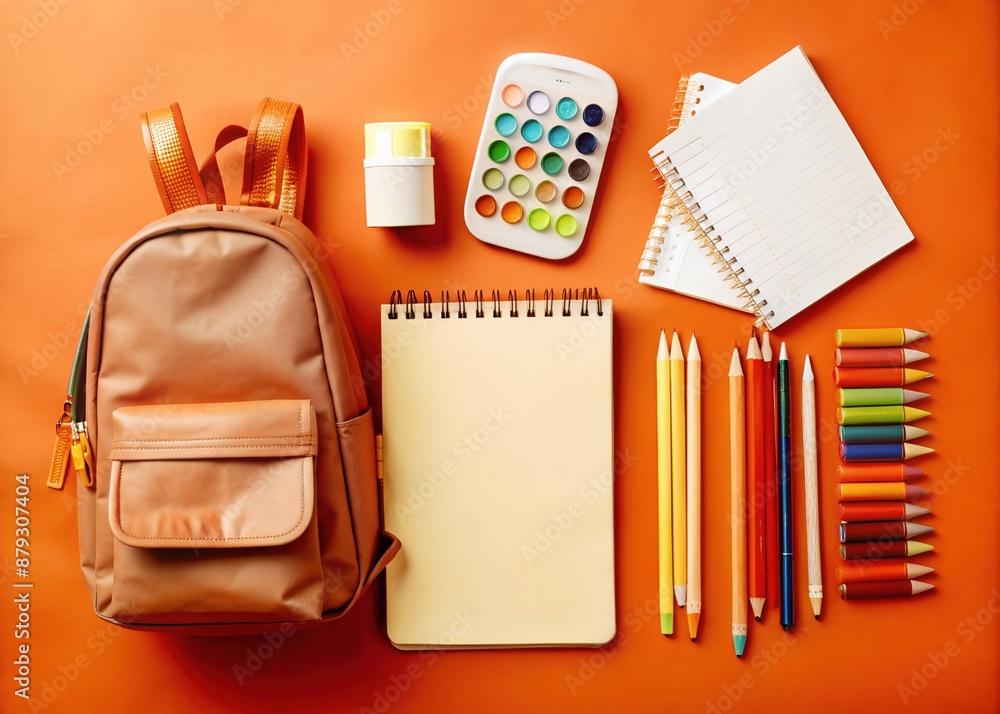 A bright orange background, on it are the attributes of a school ...