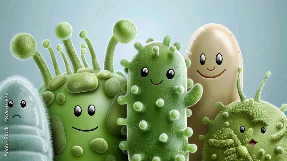 Colorful cartoon illustration of different cute bacteria characters ...