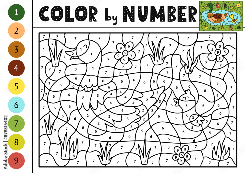 Color by number activity page for kids with a mother duck with her ...